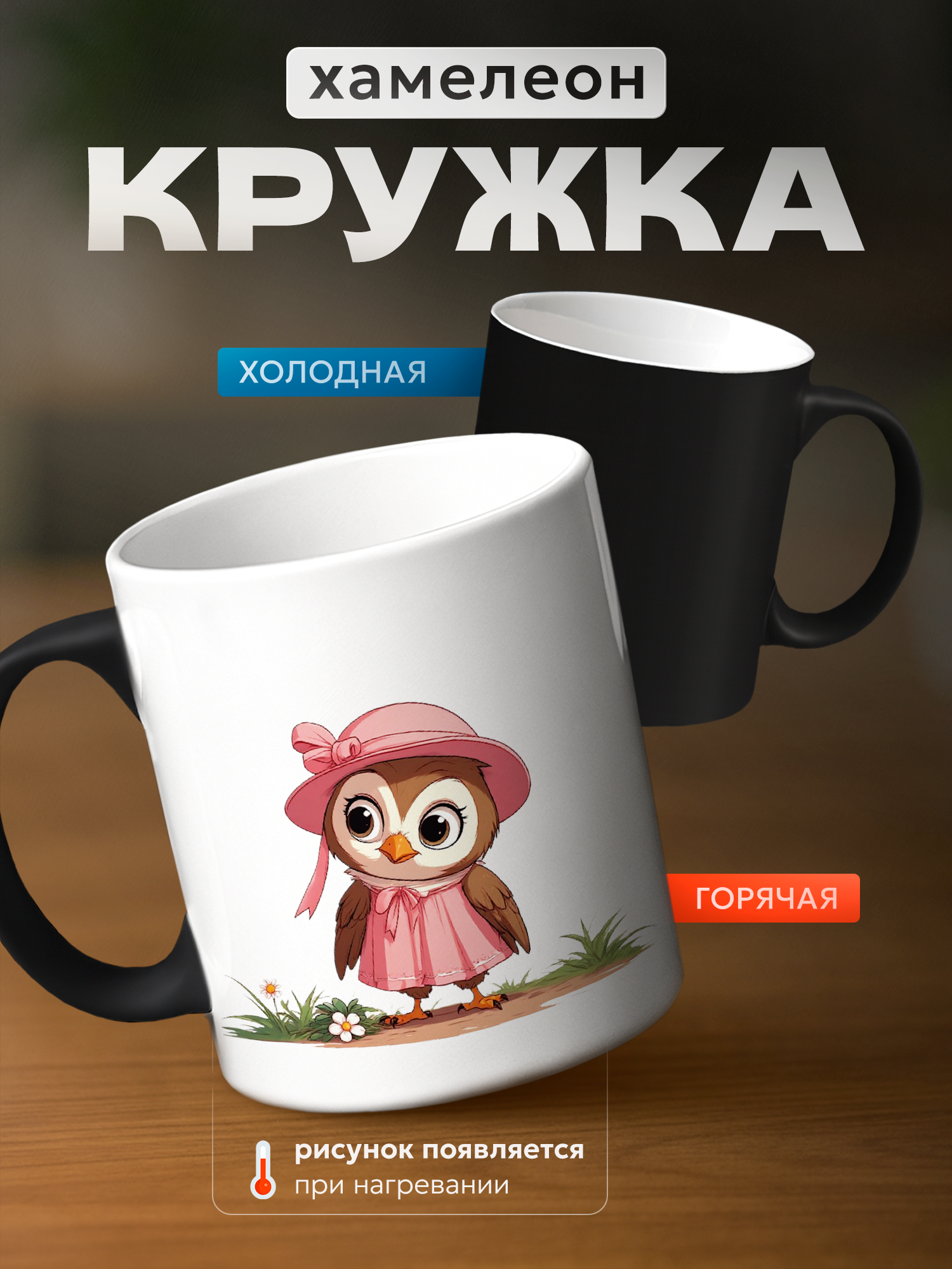 Кружка хамелеон с совой в шляпе