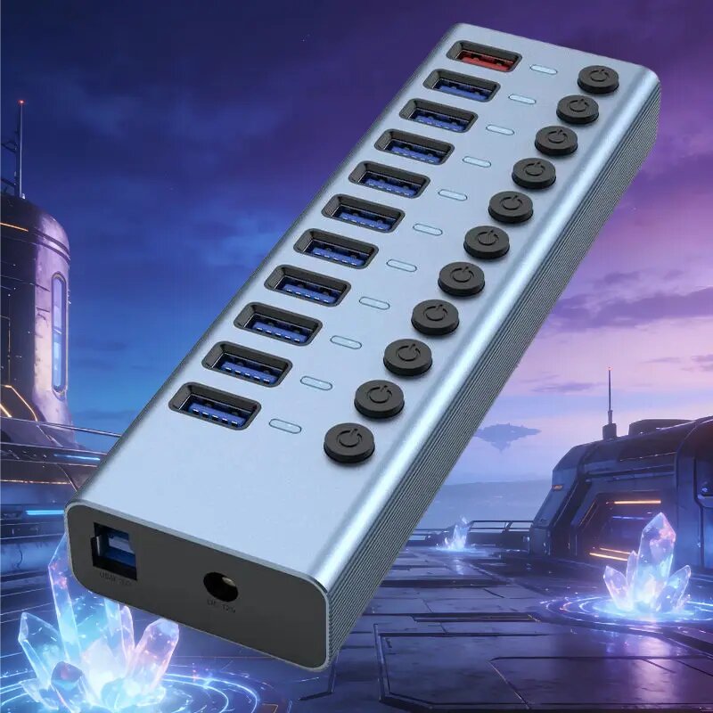 USB-разветвитель 10-в-1, 20 портов, с адаптером питания, алюминиевый корпус, серый