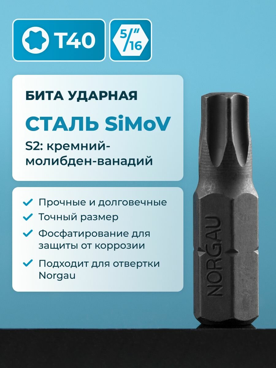 Бита ударная Torx Т40 NORGAU Industrial из высокопрочной SiMoV стали S2, для ударной отвертки с шестигранником 5/16"
