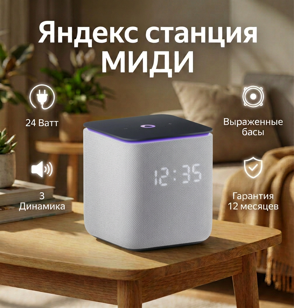 Умная колонка Яндекс Станция Миди с Алисой, серый, с Zigbee, 24Вт