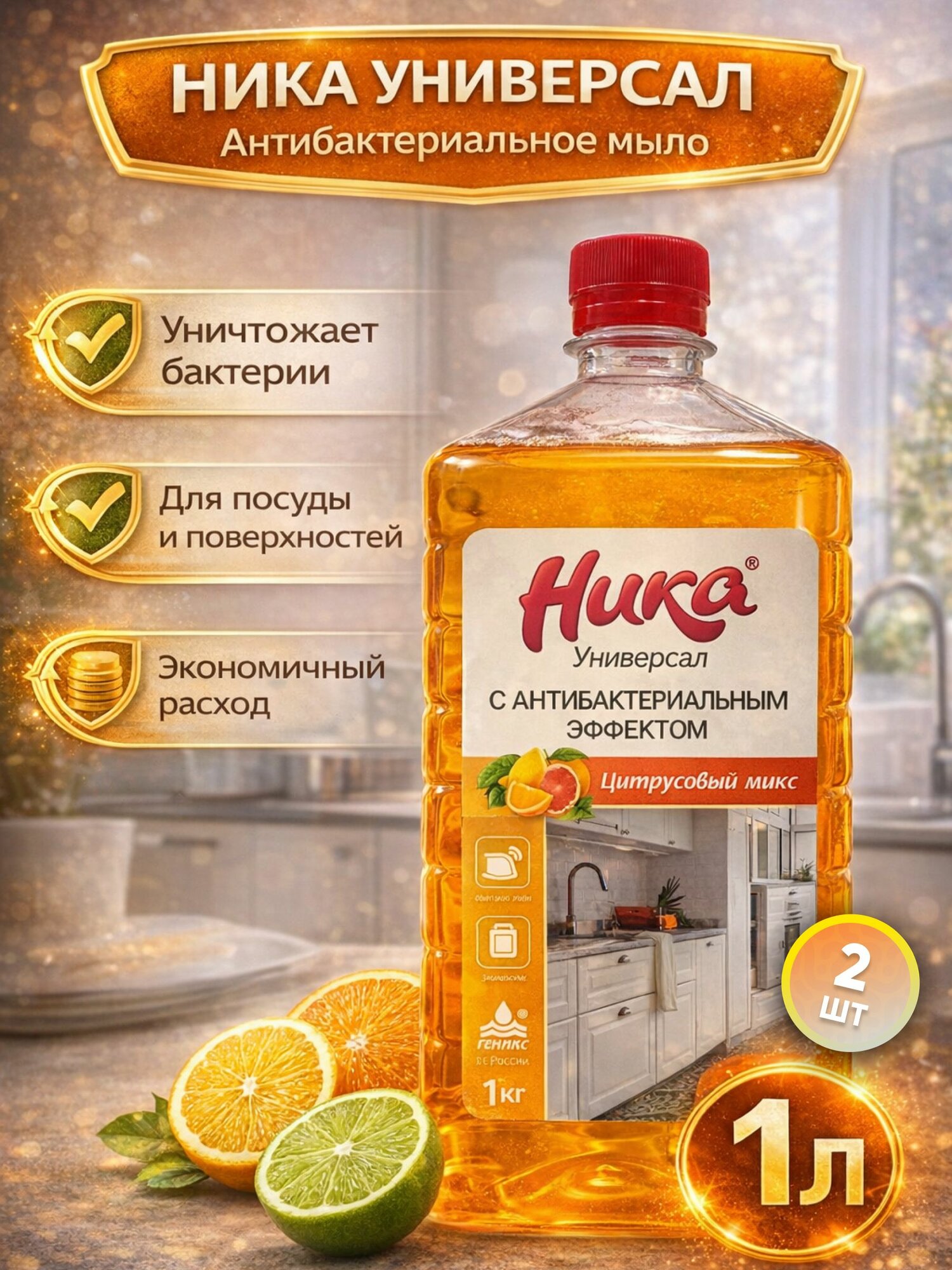 НИКА Набор 2 шт Средство жидкое для мытья поверхностей "Ника универсальное с антибактериальным эффектом", цитрусовый микс, 1 кг