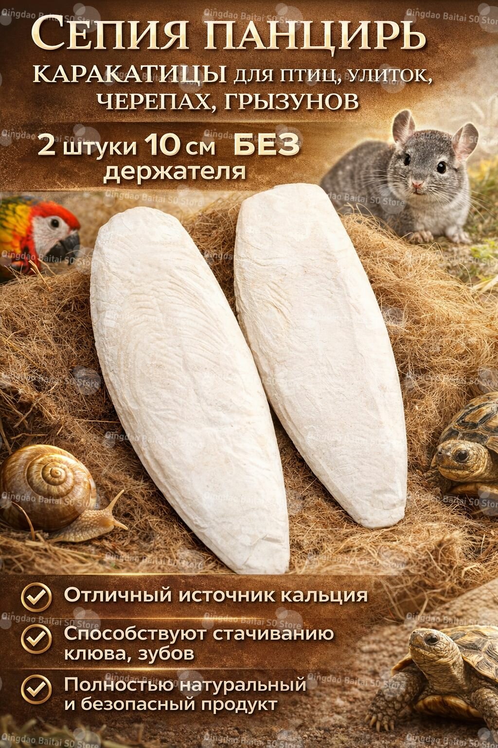 Сепия панцирь каракатицы для птиц, улиток, черепах, грызунов 2 штуки 10 см без держателя