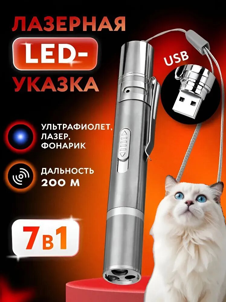 Лазерная указка , игрушка-дразнилка для кошки со светодиодным фонариком и ультрафиолетом. Ручной фонарь со встроенной зарядкой USB. Мощный лазер для собак/животных, серебристый