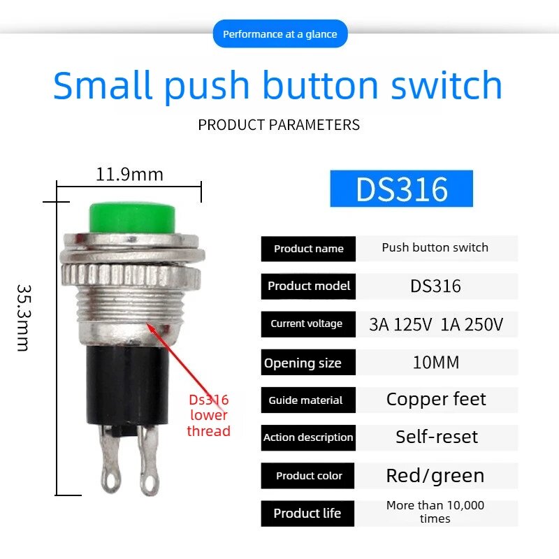 Push button switch DS316, зеленый, 10мм