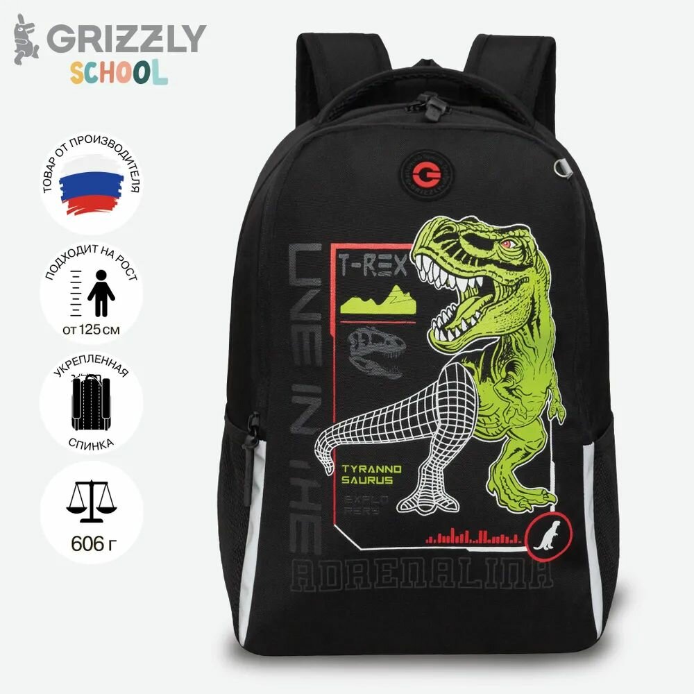 Рюкзак школьный для мальчика GRIZZLY, 38*29*16см, черный, жесткая спинка
