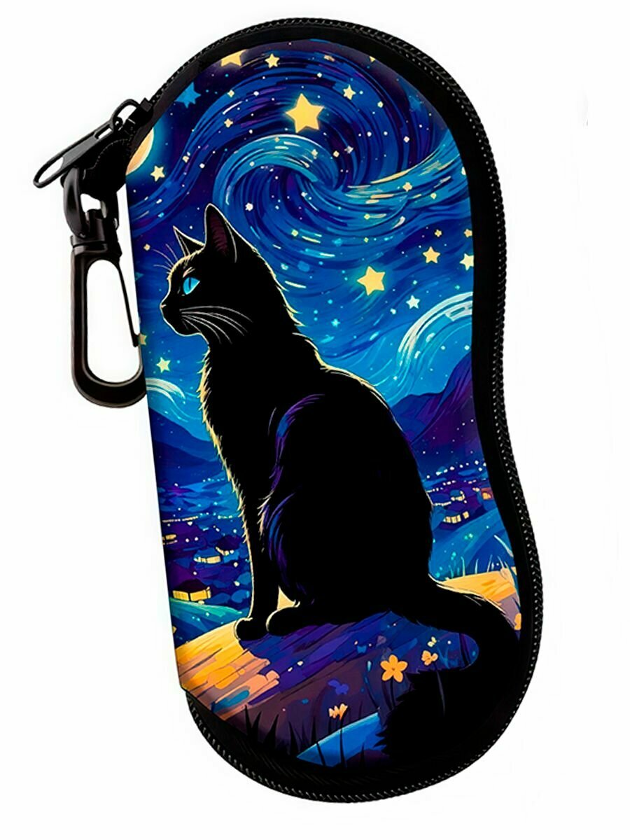 Футляр / чехол для очков Черный Кот в картине Звёздная ночь Ван Гог цвет: синий