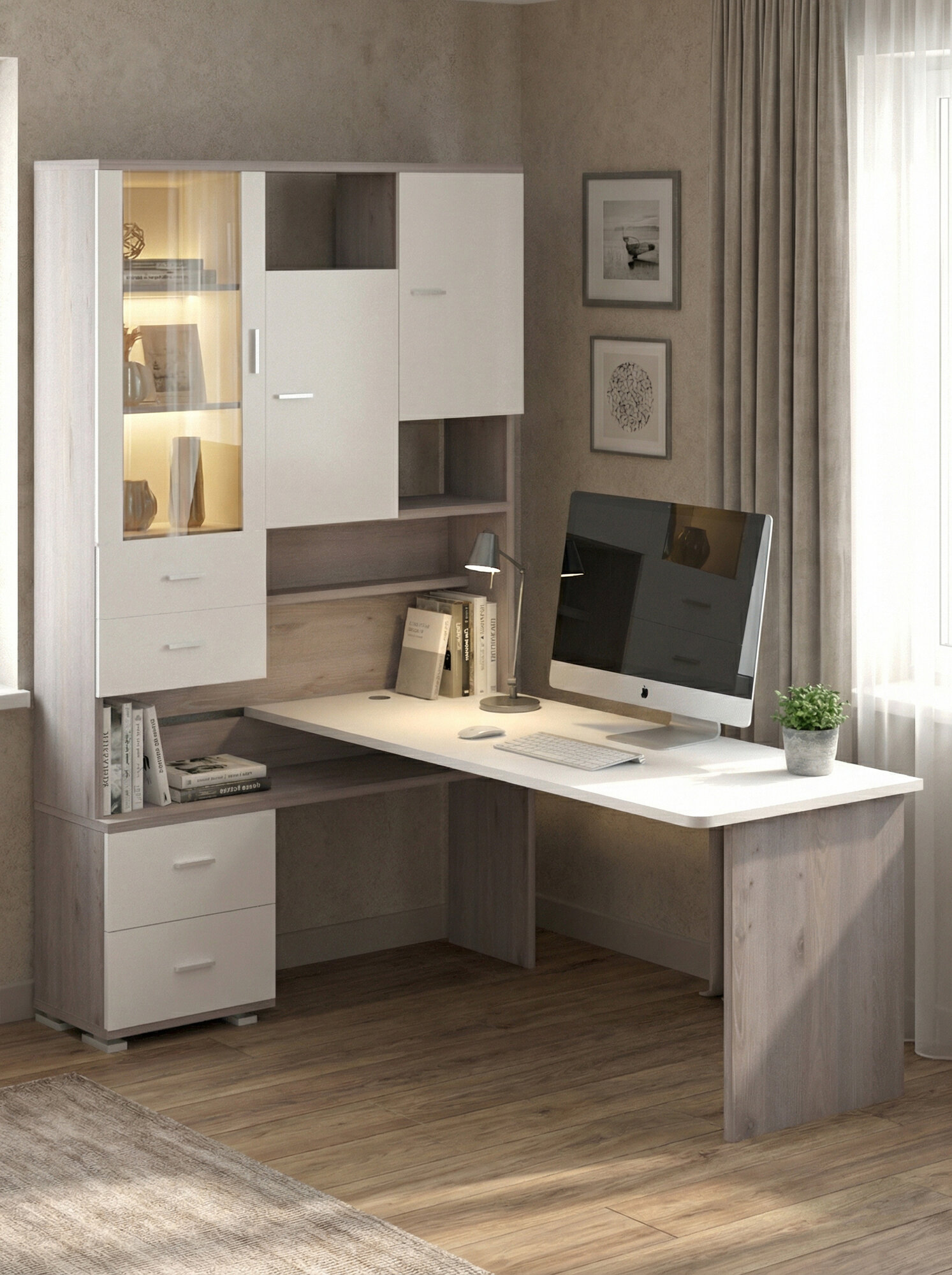 Стол компьютерный Мэрдэс СР-620/180 нбебе-лев Нельсон/Белый/Белый, с надстройкой, 130х180х216 см, с ящиками