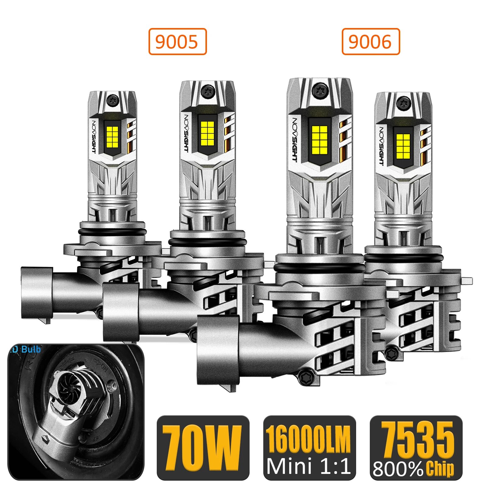 NOVSIGHT 9005 HB3 9006 HB4 автомобильная лампа головного света лампы головного света 70 Вт 6500 лм 7535 K Легкая установка без адаптера чип Mini1:1
