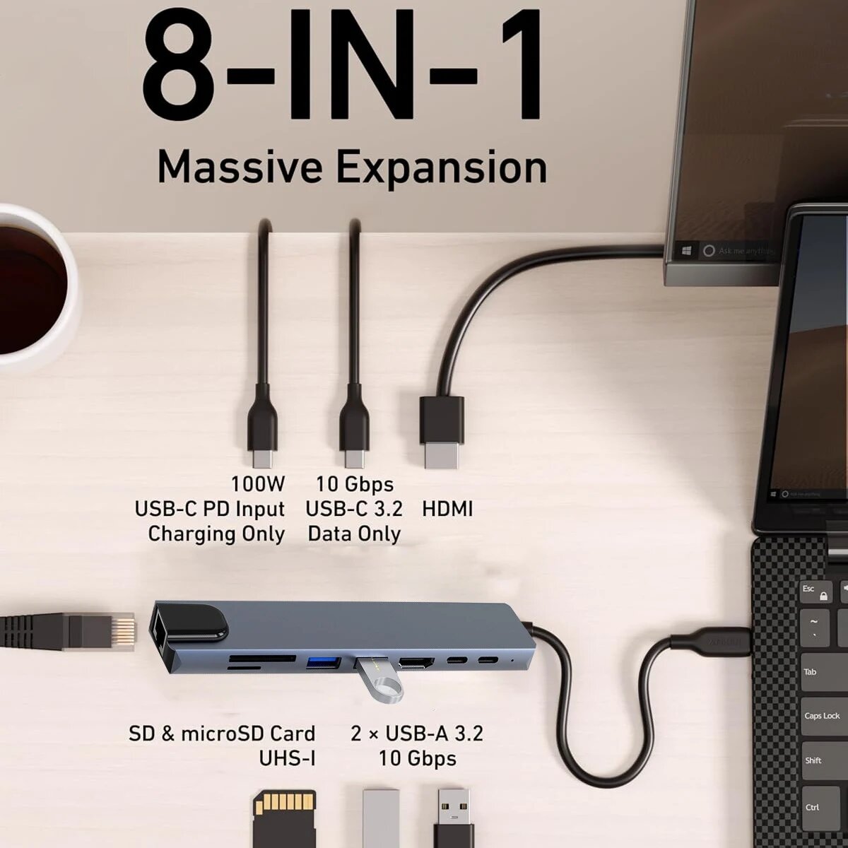 Док-станция USB-C 8-в-1 Для Ноутбука С Двумя Мониторами, 2 HDMI, VGA, 5 USB