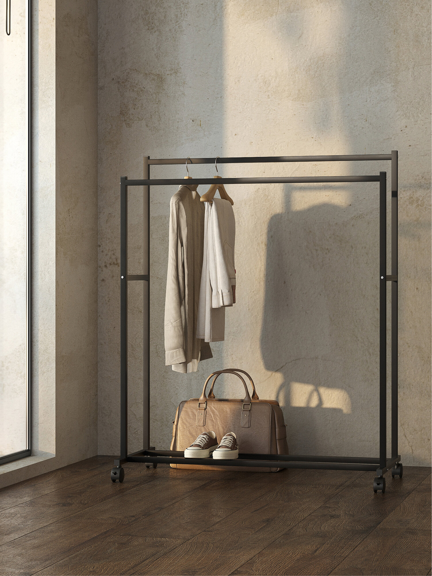 Вешалка напольная для одежды Vidovito, стойка для одежды, 2 рейла, металлическая, черная, 126х103,5х42см, лофт