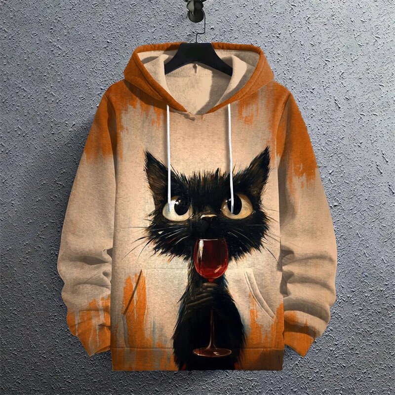 Cute Cool Cat Pattern Hoodie For Men Funny Animal 3D Printed Long Sleeves Casual Pullover Street Tops Hoodies Loose Sweatshirt