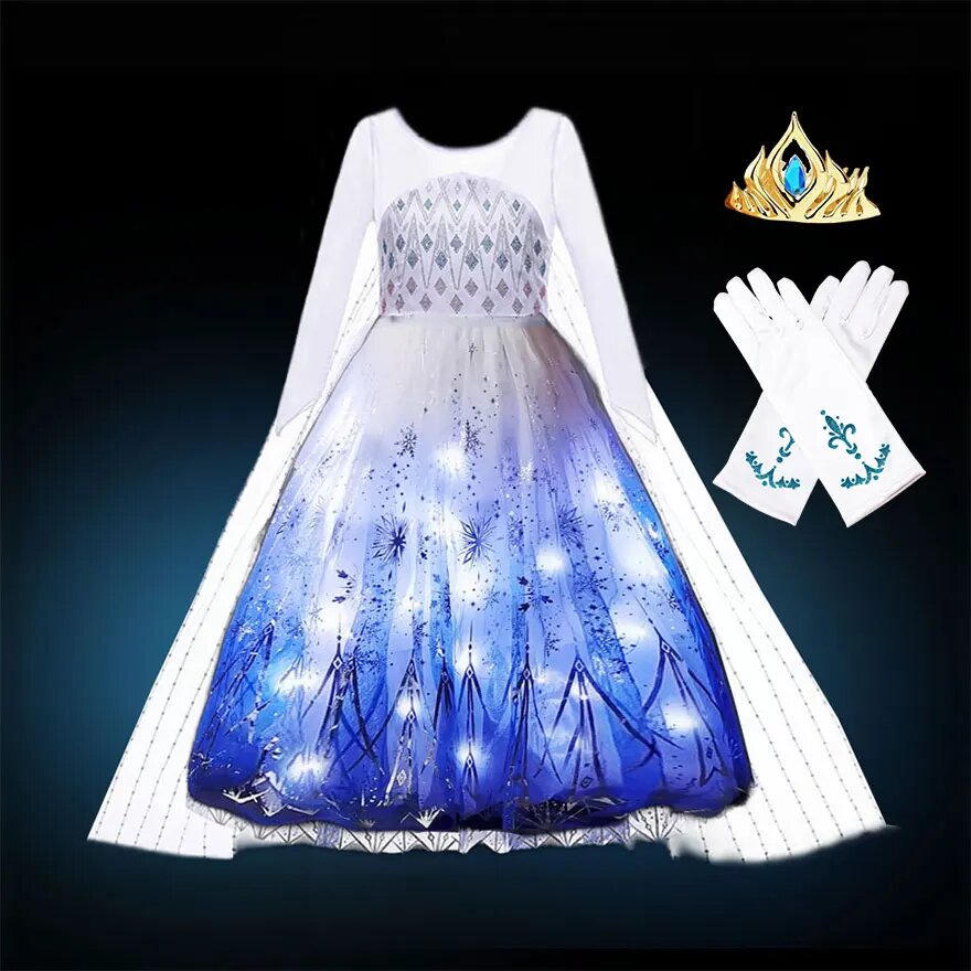 Платье Диснея со светодиодной подсветкой, костюм Духа Эльзы для девочек, ролевая игра «Холодное сердце», маскировка Снежной королевы, белое платье Эльзы на Хэллоуин, детская одежда