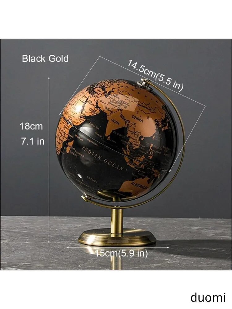 Глобус мира Black Gold Silver 14 см - Ретро стиль с металлической подставкой для учебных, географических столов — фото 1