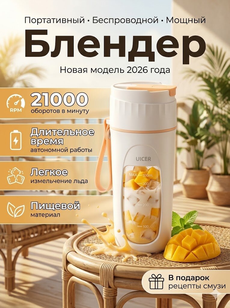 Портативный блендер беспроводной для смузи и коктейлей, 3 скорости с дисплеем, белый