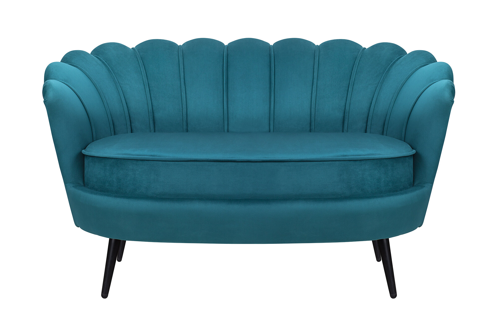 Прямой дизайнерский диван ракушка, Pearl double marine velvet, сине-зеленый с черными ножками