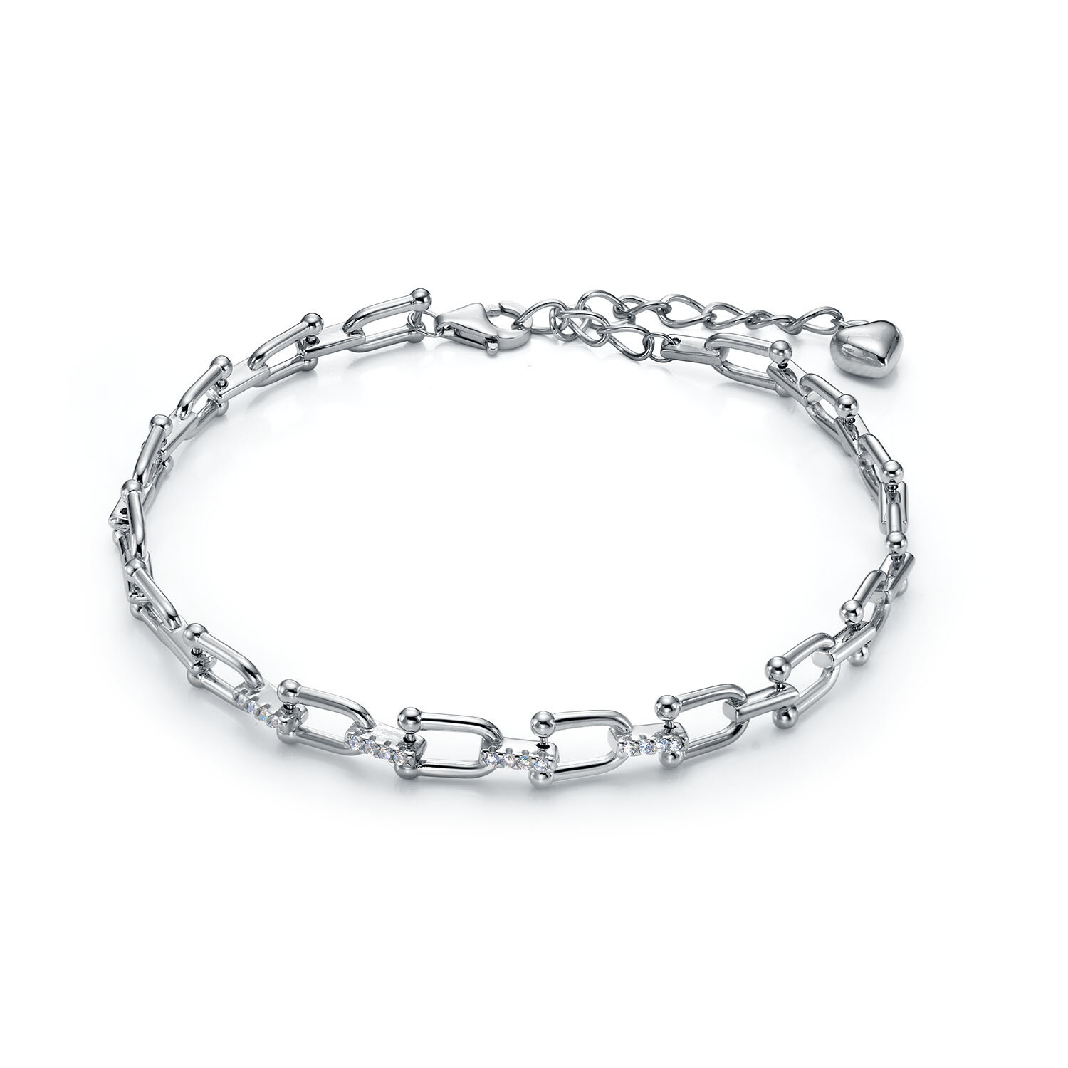 Браслет-цепочка, серебро, 925 проба, родирование, фианит