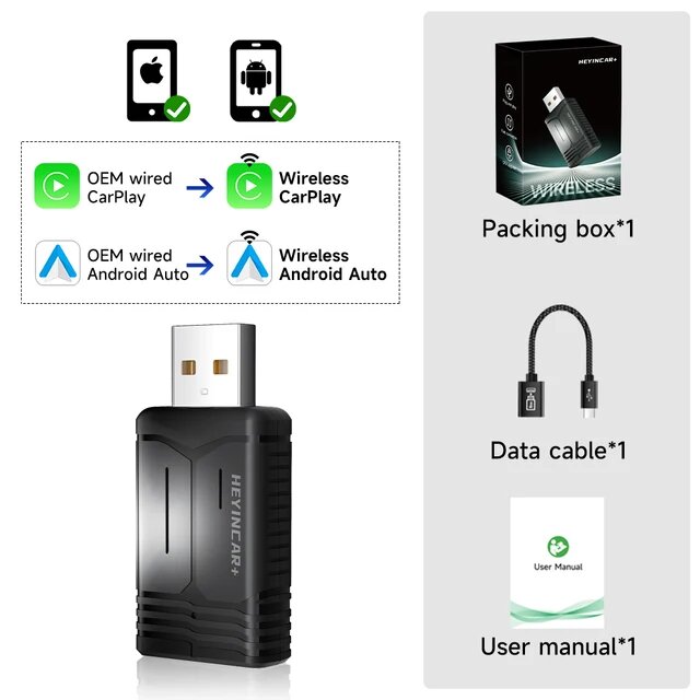 Беспроводной автомобильный адаптер HEYINCAR 2-в-1 для Android с поддержкой CarPlay, совместим с автомобилями Kia, Volvo, Audi, MG, Opel, Volkswagen, Hyundai, Jeep и другими моделями.