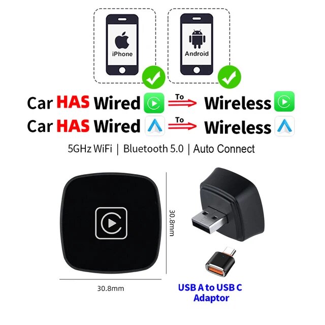 Беспроводной адаптер CarAIBOX 2-в-1 CarPlay предназначен для автомобильных магнитол с проводным подключением CarPlay и поддерживает беспроводное подключение Android Auto.