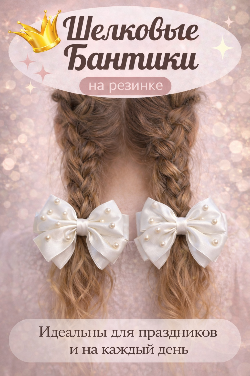 Бант школьный с жемчужинками, шелковый, на резинке, белый, 2 штуки