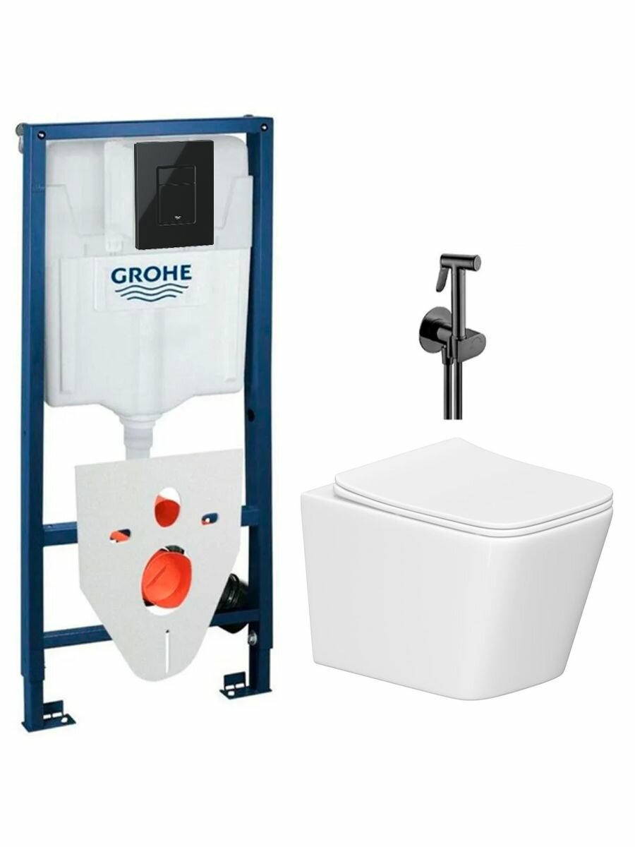 Инсталляция с унитазом и гигиеническим душем комплект: унитаз подвесной Helmken 35120001, сиденье с микролифтом из дюропласта, инсталляция Grohe, шумоизоляция, кнопка, гигиенический душ