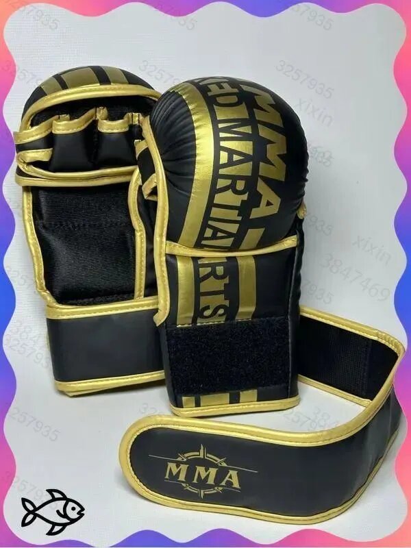 Перчатки для единоборств MMA крабы размер S черные с золотом — фото 1