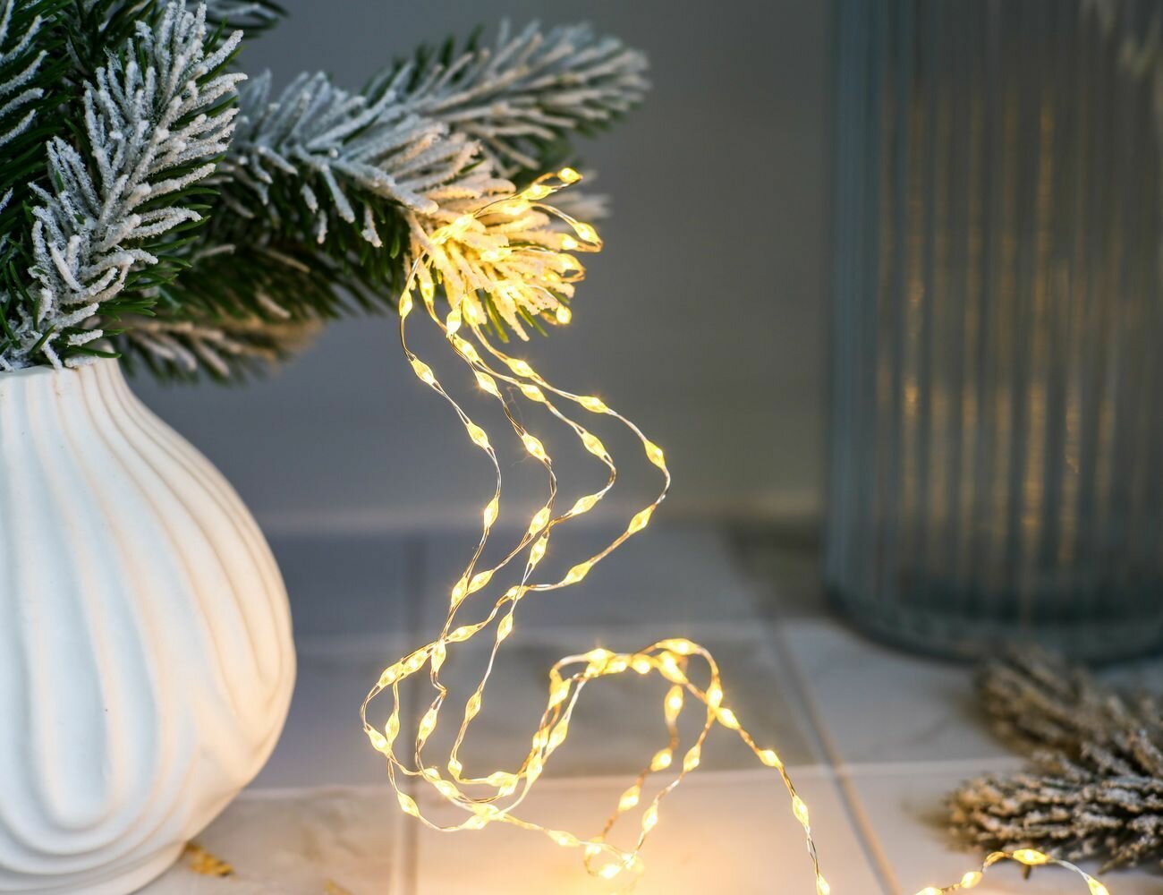 Гирлянда сияющие капли - макси, 90 тёплых белых мини LED-огней, 144 см, таймер, серебряная проволока, батарейки, Edelman 1087957