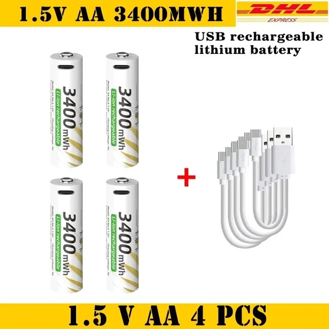 Акция! Аккумуляторы AA+AAA 1,5 В с USB-портом, литий-ионные, подходят для мышей с дистанционным управлением и электроигрушек + кабель Type-C для передачи данных.