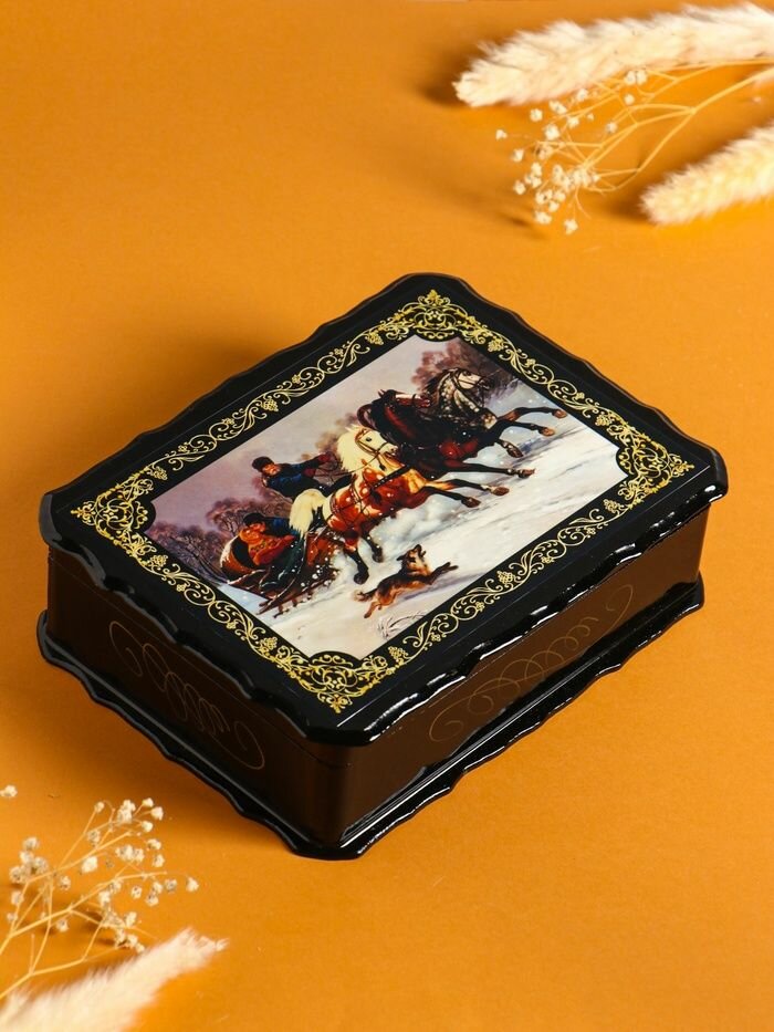Шкатулка Sima-land Тройка коней, для украшений, 17х23х6 см, лаковая миниатюра