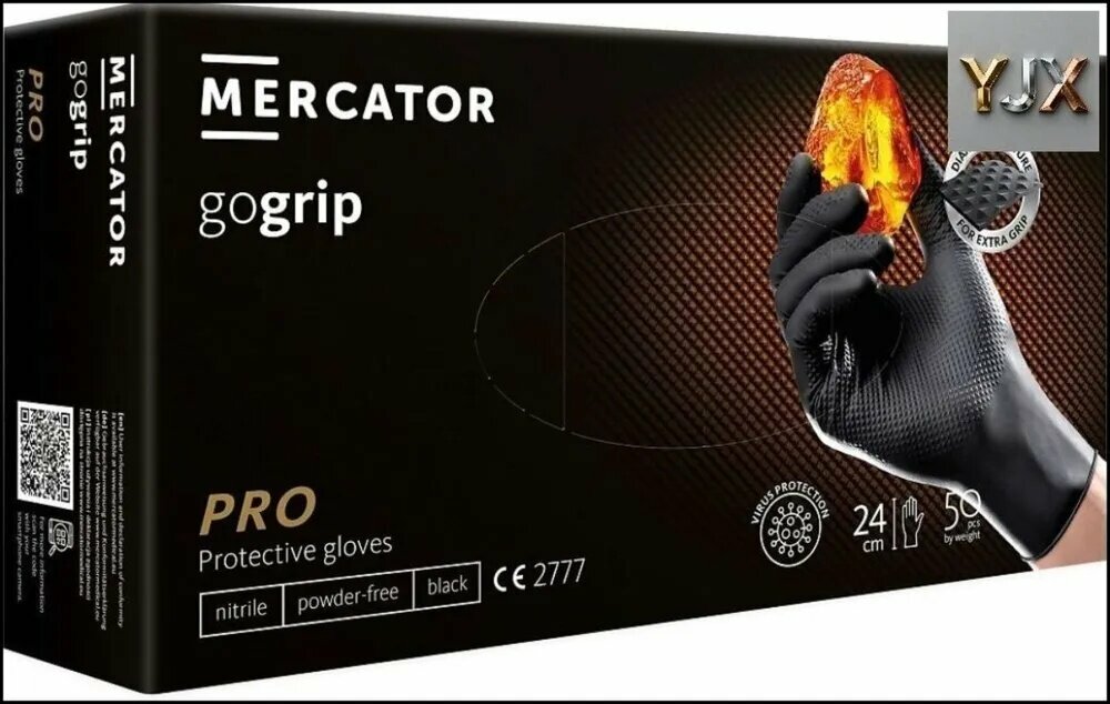 В упаковке 50 штук предлагаются черные нитриловые перчатки Mercator GoGrip размера XL, надежный премиум вариант для защиты