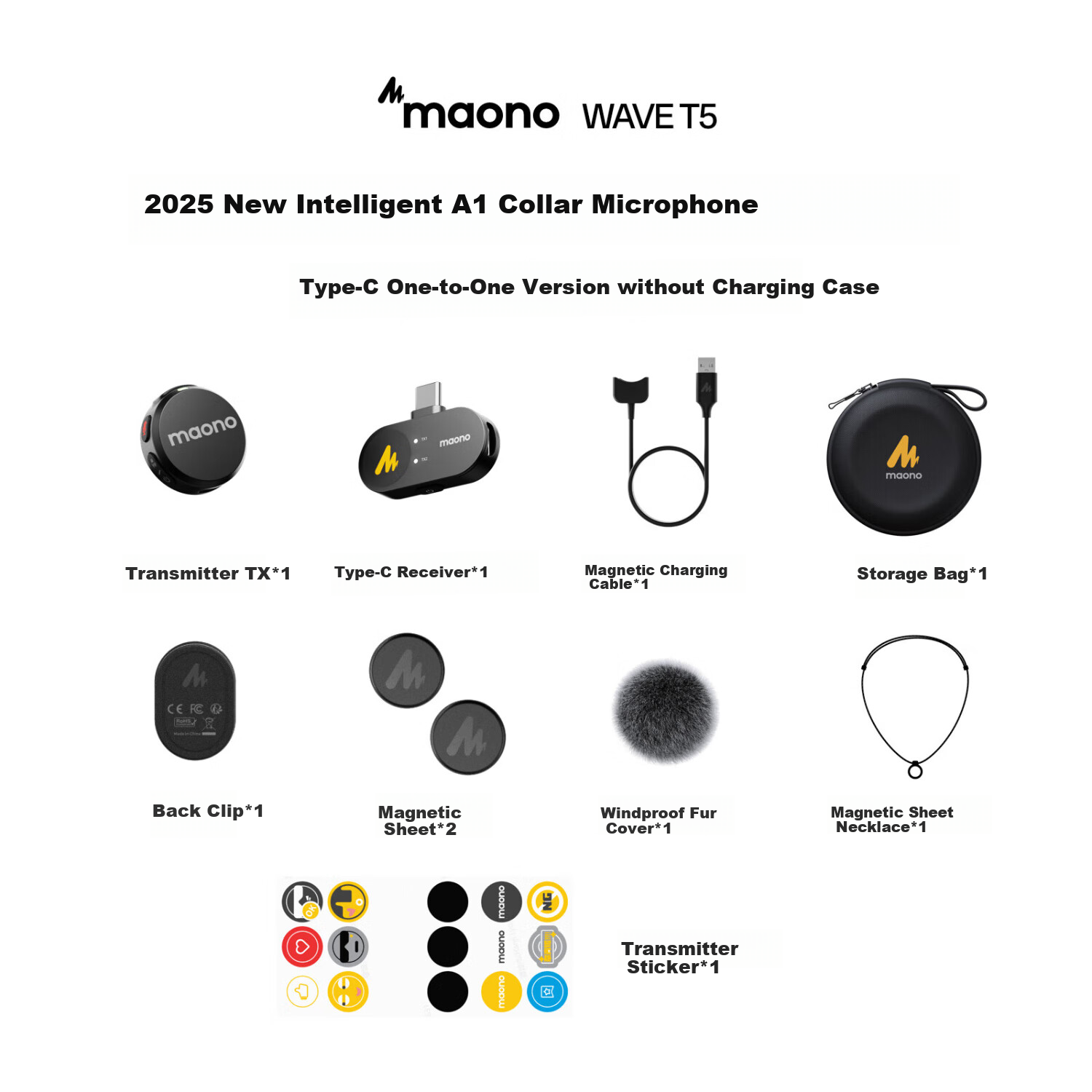 Maono T5 беспроводной лавалерный микрофон 2.4G передача AI-шумоподавление для мобильного стриминга коротких видео