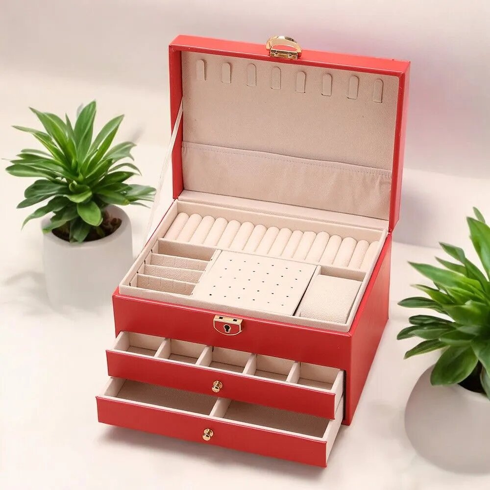 Шкатулка для украшений, 1 шт. Красная шкатулка-чемоданчик, 3 яруса, 2 выдвижные полки, экокожа, 23x17x13 см
