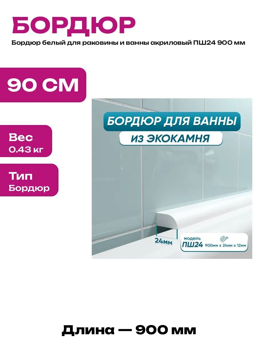 Плинтус акриловый для ванны белый искусственный камень 90 см