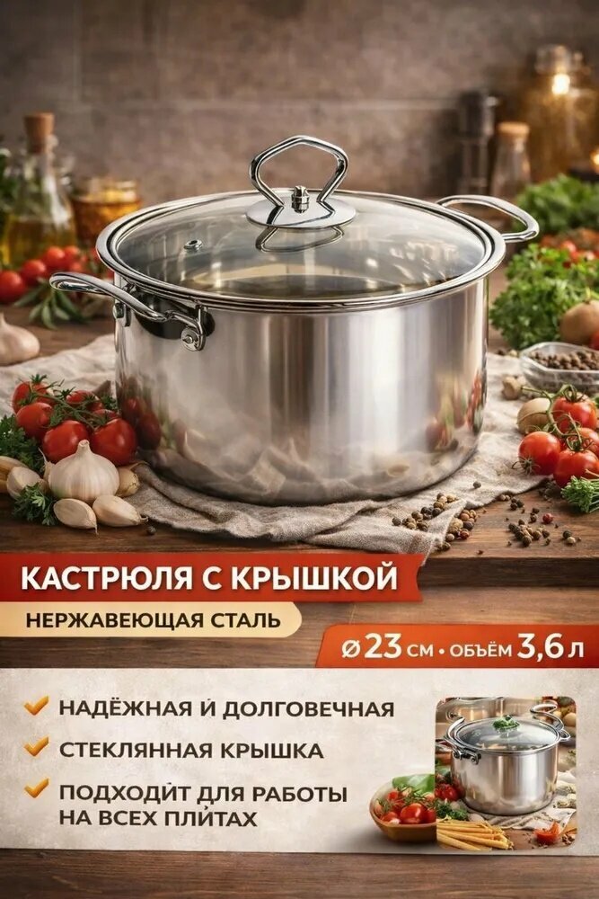 Кастрюля, Нержавеющая сталь, 3,65 л, 1 шт