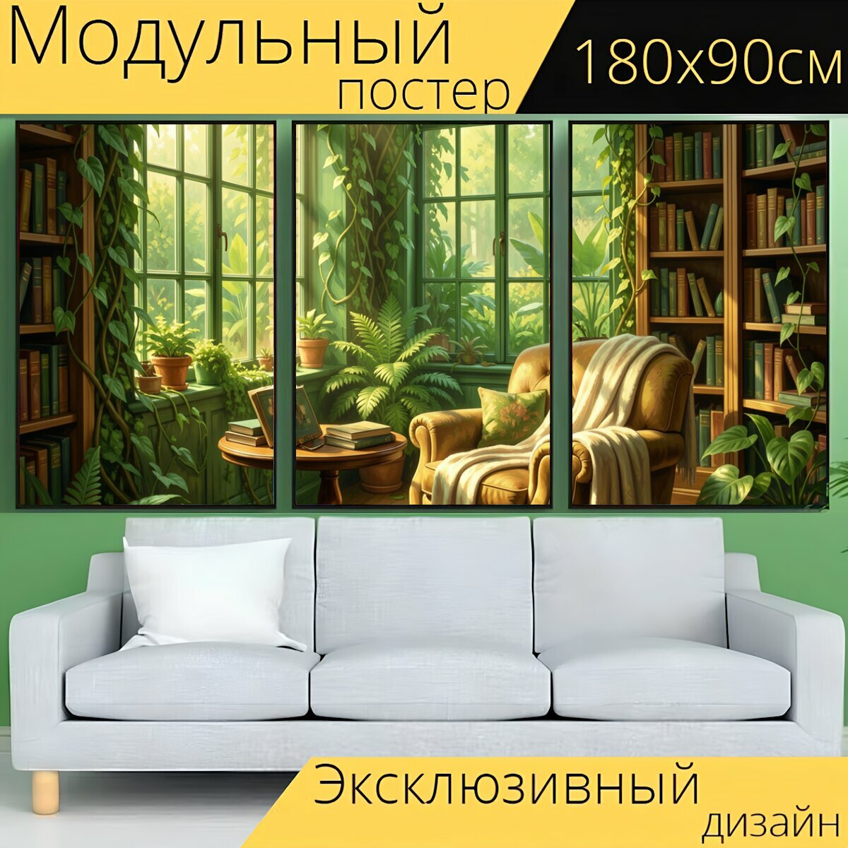 Модульный постер "Уютная оранжерея с креслом. Светлый ботанический интерьер с высокими окнами, лианами, комнатными растениями, книгами." 180 x 90 см. для интерьера на стену в тубусе