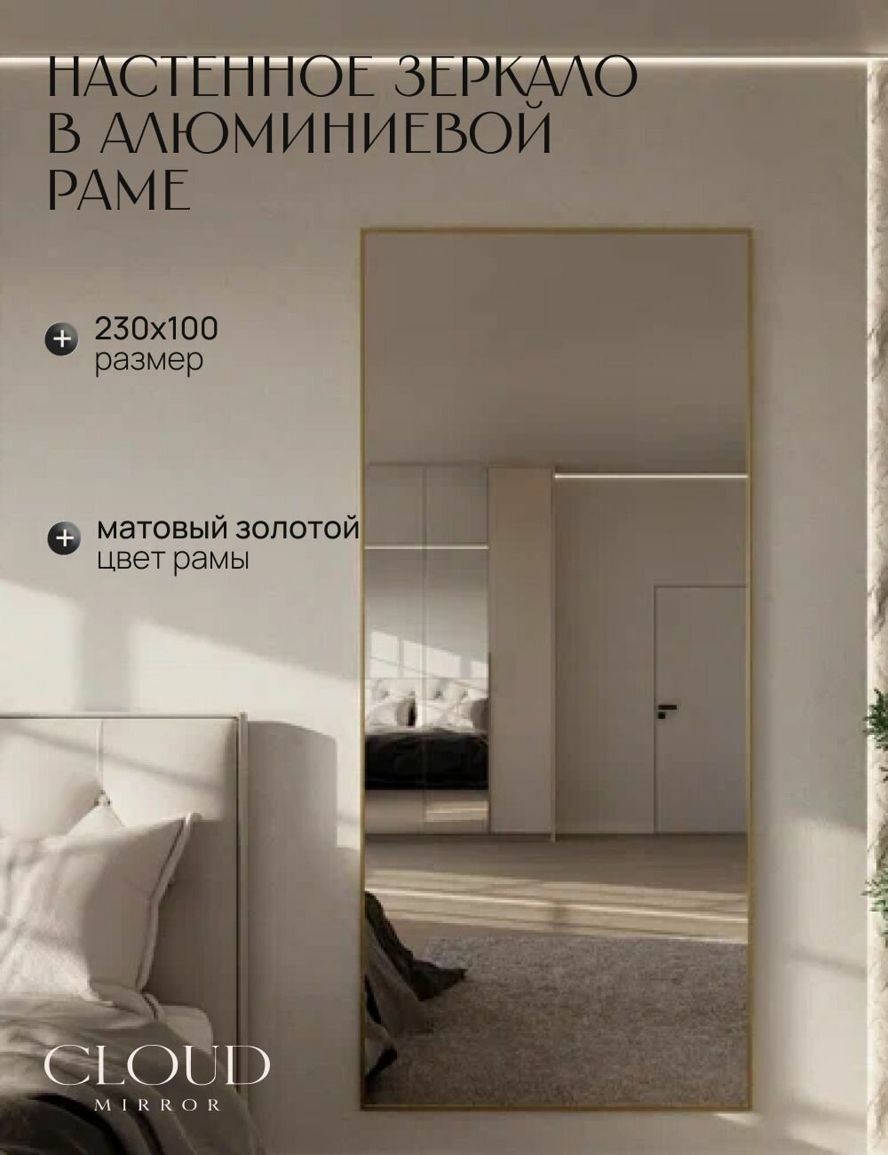 Зеркало настенное 230х100 см. золото в алюминиевой раме интерьерное CLOUD MIRROR