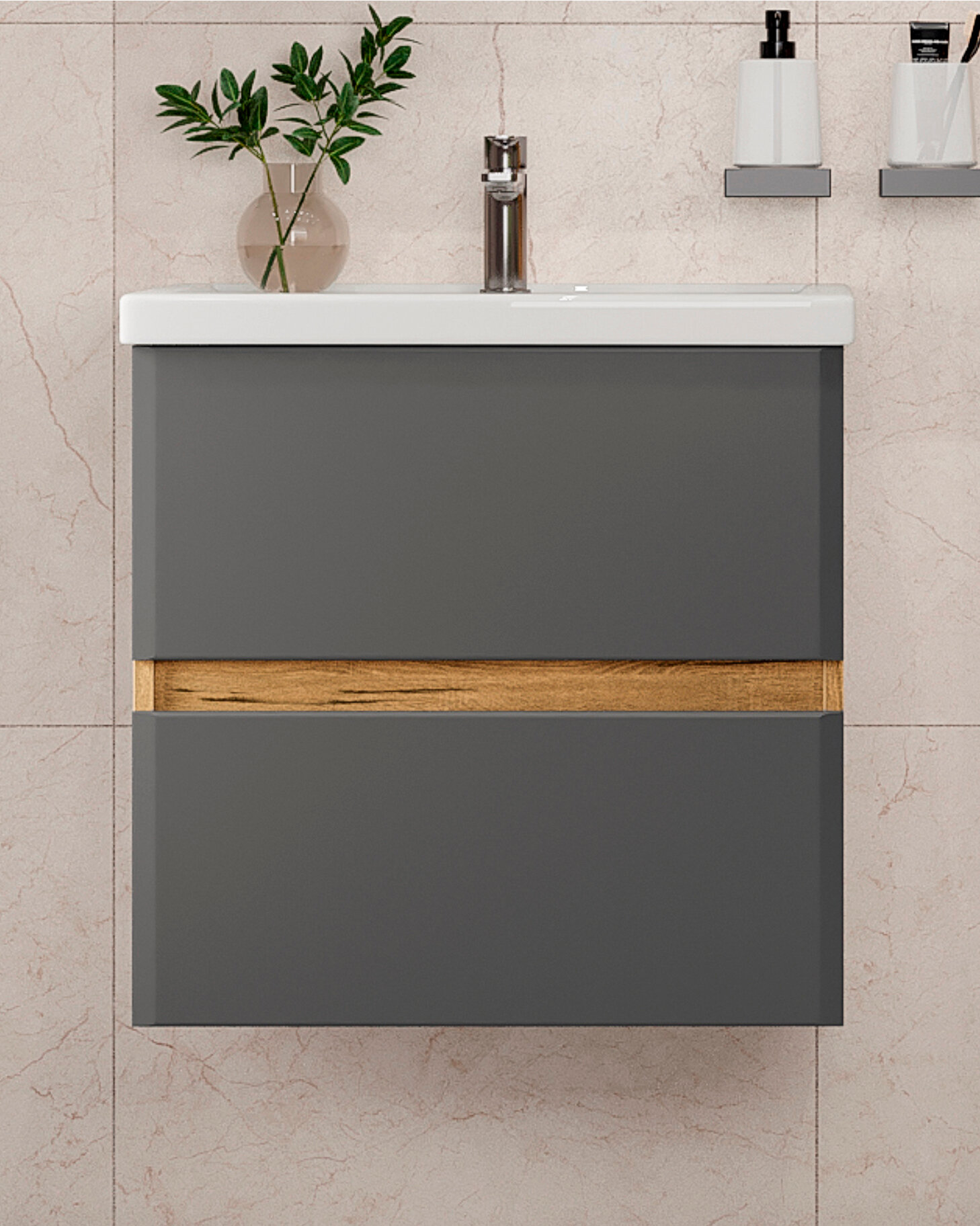 Тумба подвесная SanStar Graffa 50 с раковиной Фест 50 (комплект) для ванной комнаты Дуб вотан, графит софт