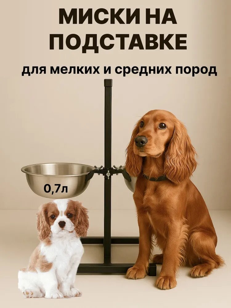 Стойка для мисок регулируемая для собак, 2 металлические чаши, объем 700 мл, металл