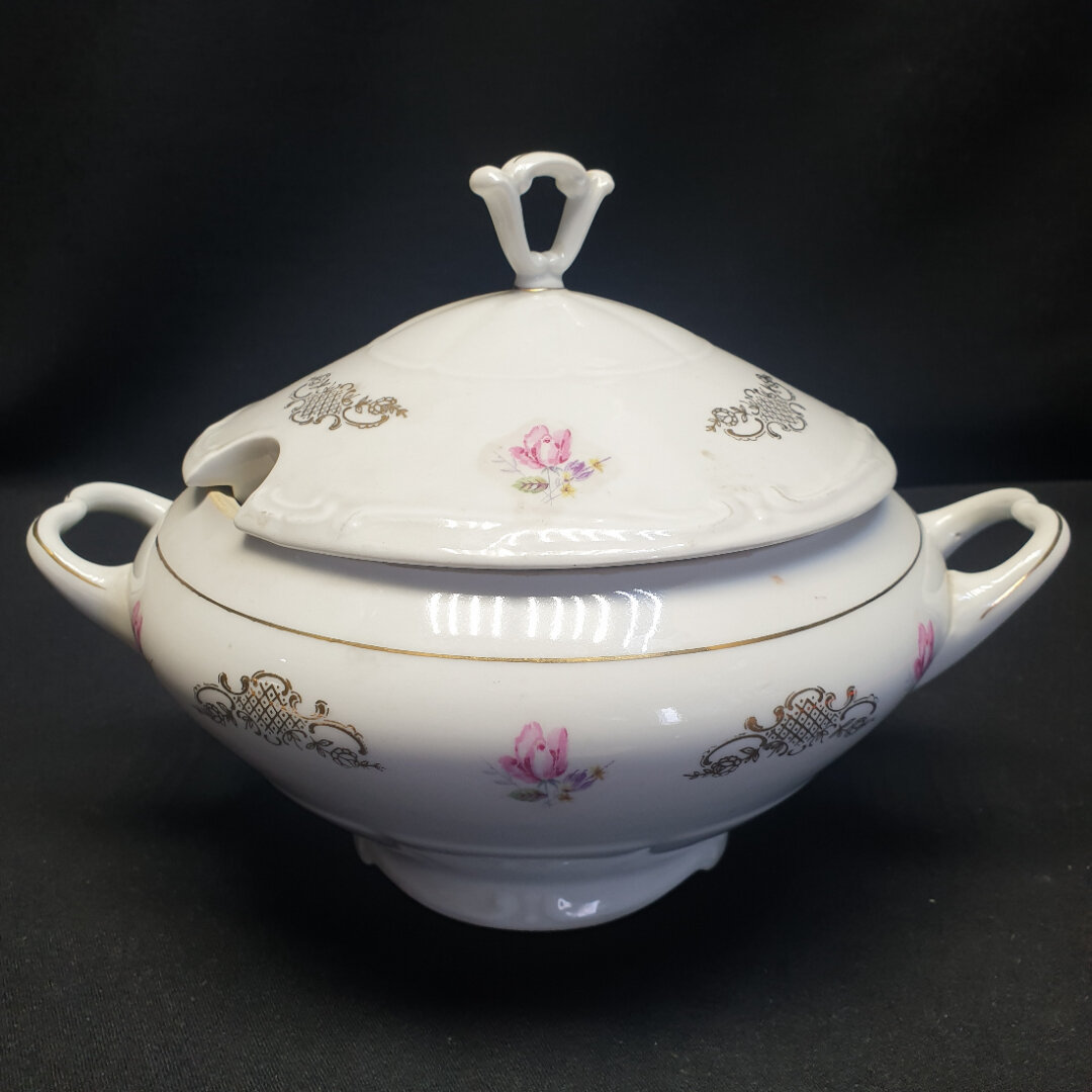 Супница фарфор "Роза", деколь, золочение, Triptis (Триптиз), 1960-68гг, ГДР