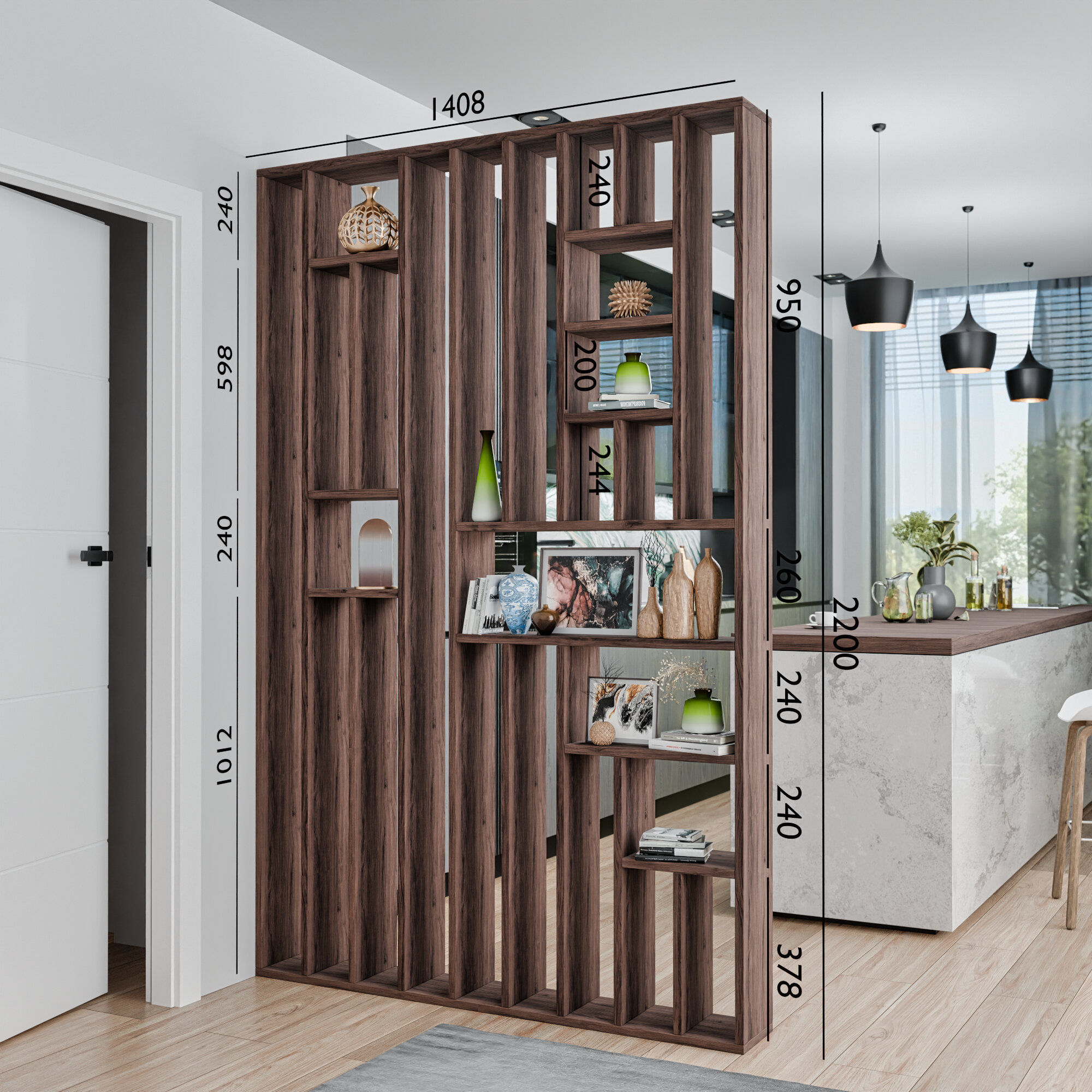 Реечная перегородка с полками, стеллаж для зонирования 1408 мм, Дуб Катания