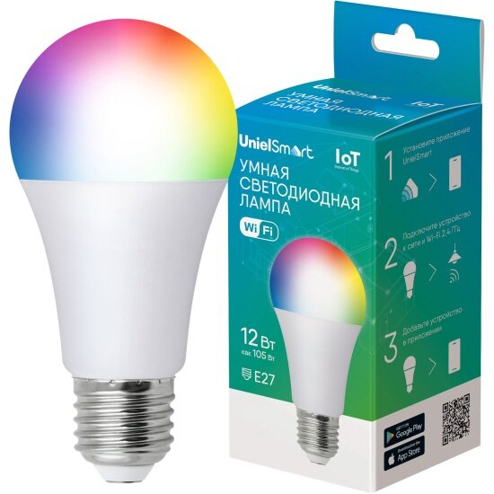 Умная светодиодная лампа Uniel LED-A60-12W/RGBW/E27/230V/WF/FR PLS80WH Wi-Fi+Bluetooth