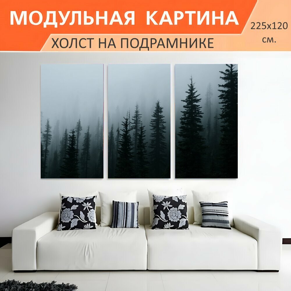 Модульная картина на холсте "Глубокий темный еловый лес в туманный день" триптих на подрамнике 225х120 см. для интерьера