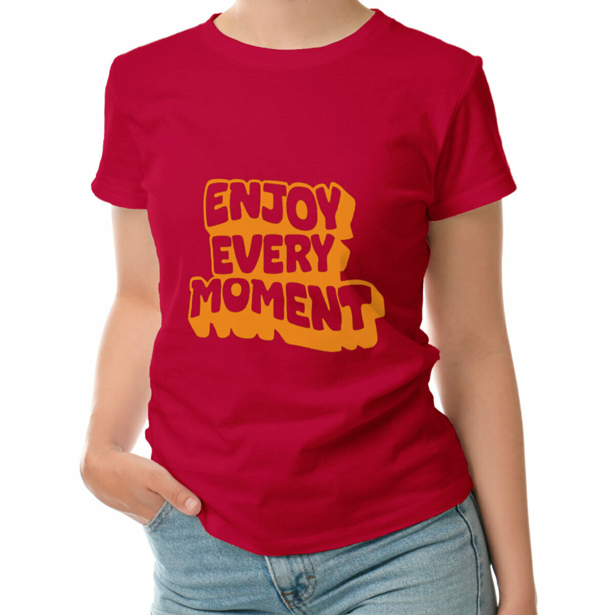 Женская футболка «ENJOY EVERY MOMENT оранжевая обьемная надпись» (красный, S)