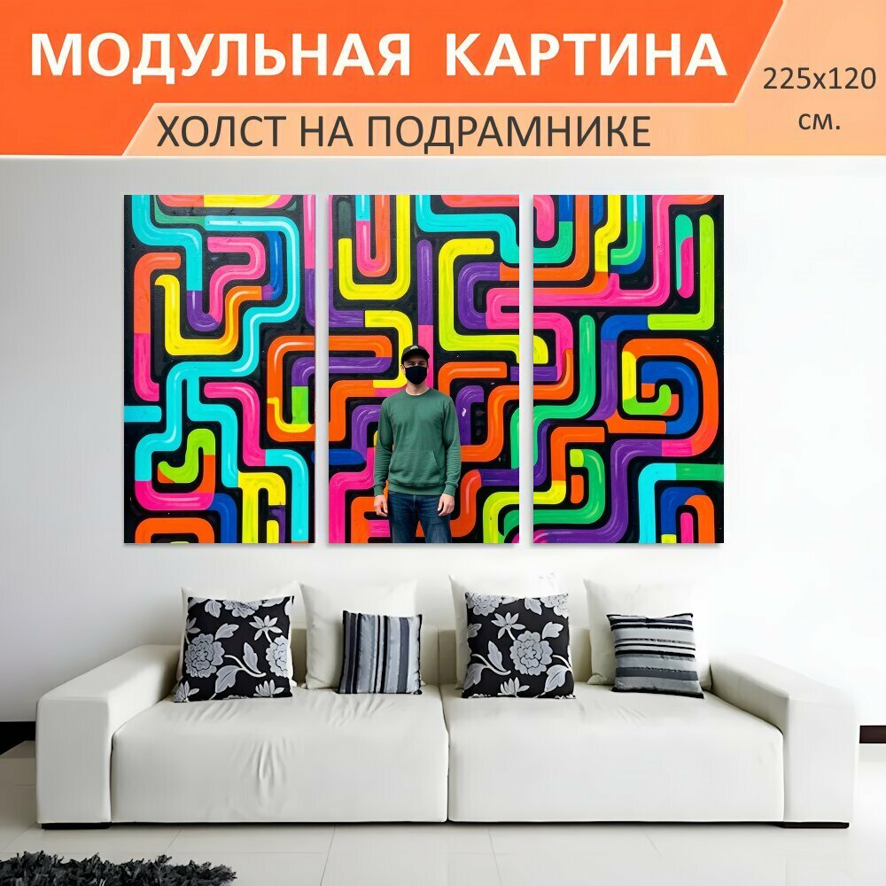 Модульная картина на холсте "Человек на фоне неонового узора. Мужчина в маске стоит перед ярким абстрактным граффити с лабиринтными." триптих на подрамнике 225х120 см. для интерьера
