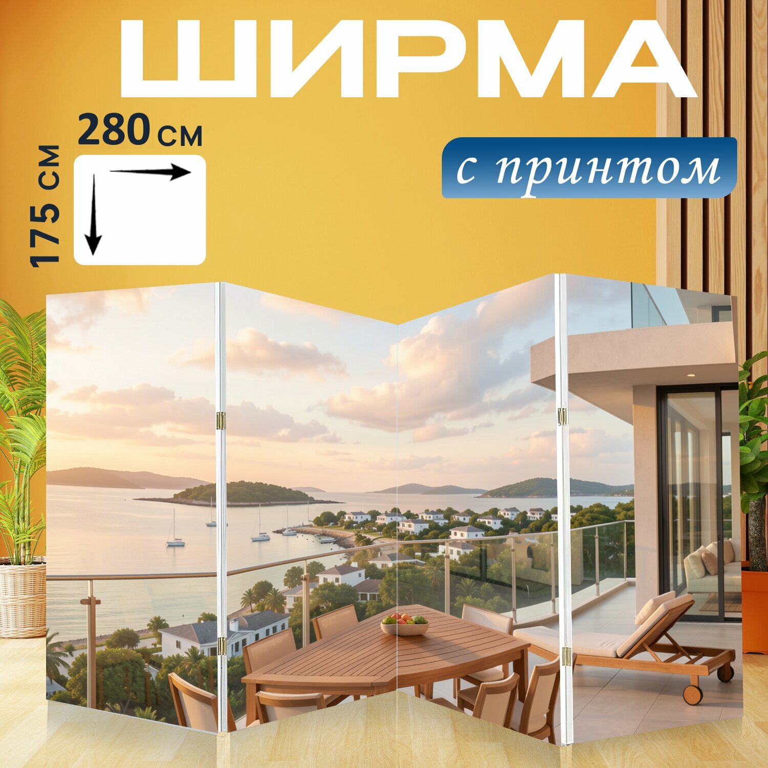 Ширма "Терраса с видом на море. Современная веранда с деревянной мебелью, стеклянным ограждением и шезлонгом." перегородка для зонирования комнаты с принтом 280x175 см. на холсте