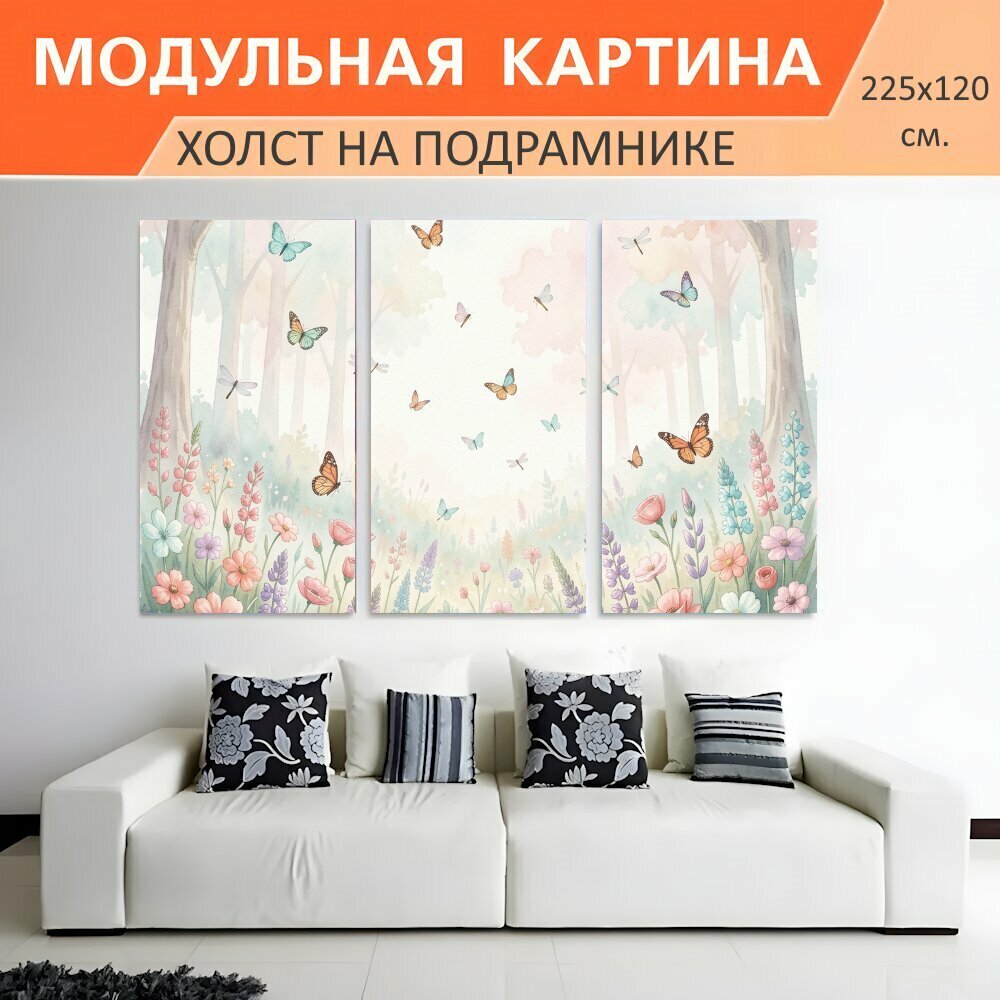 Модульная картина на холсте "Лесная поляна с бабочками. Нежный акварельный пейзаж с летним садом, порхающими крылатыми насекомыми и." триптих на подрамнике 225х120 см. для интерьера