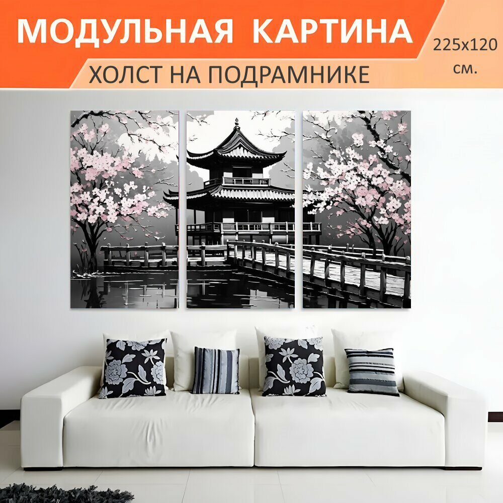 Модульная картина на холсте "Мастихиновая живопись в черно-белых тонах, изображающая традиционную восточную архитектуру с крышей в." триптих на подрамнике 225х120 см. для интерьера