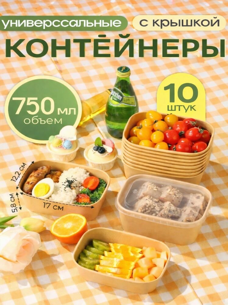 Контейнеры крафт одноразовые прямоугольные с крышкой (750мл) 10 штук крафтовый контейнер одноразовый контейнер контейнер с крышкой прямоугольный