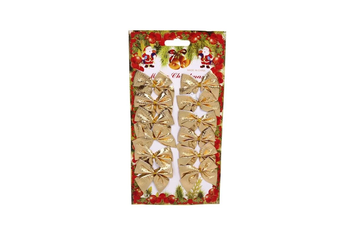 Бант на елку Серпантин «Золотой шик» золотой текстильный бантик длиной 60 мм – набор 12 штук