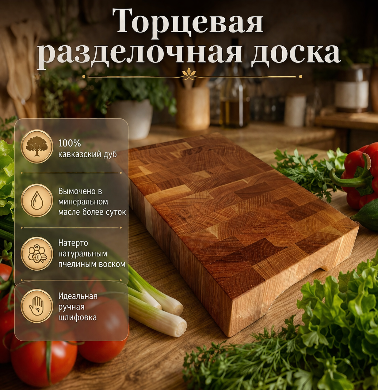 Разделочная торцевая доска, дерево дуб, нескользящие ножки, коричневая, 30x20х4 см