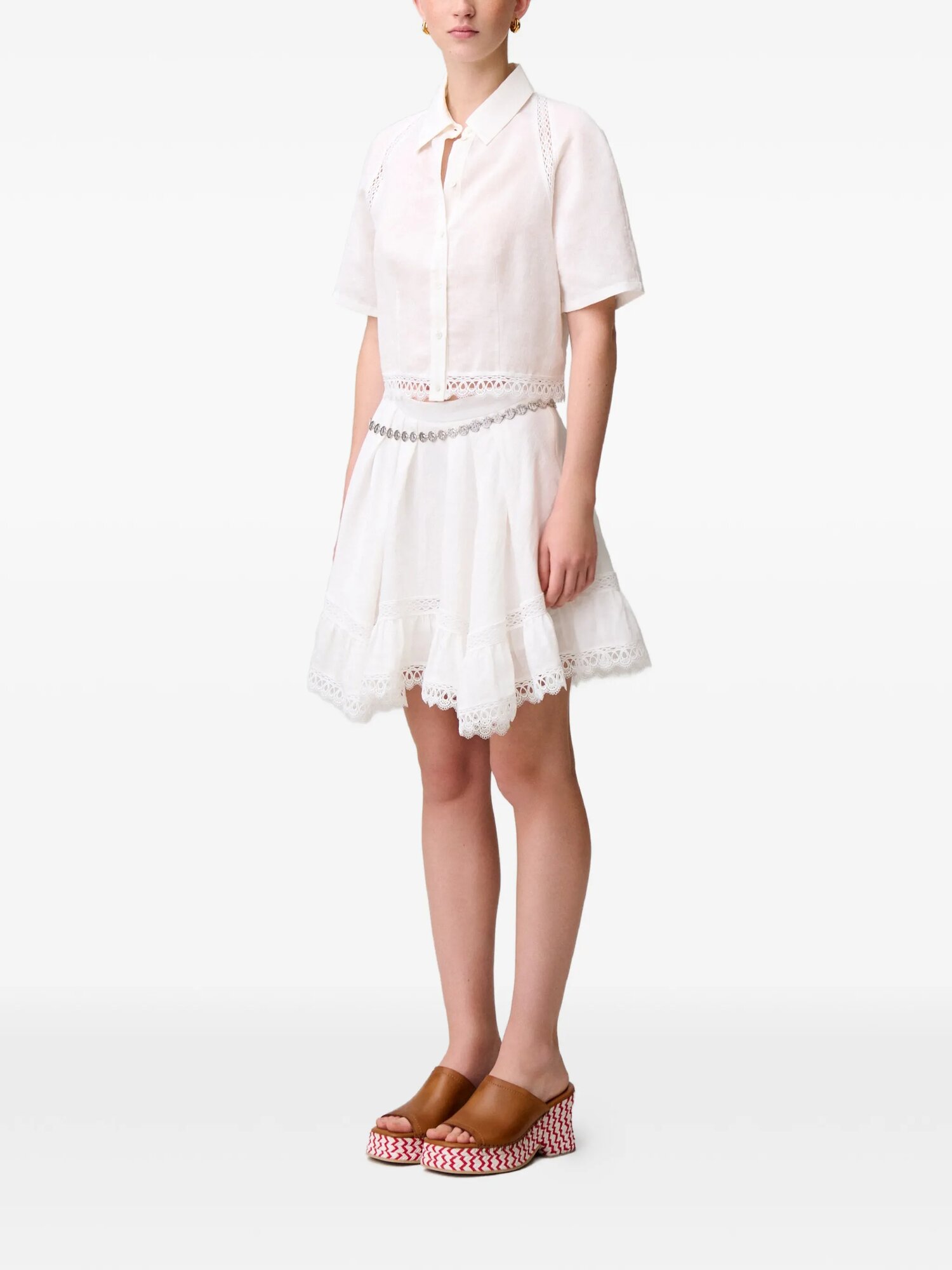 Рубашка CLAUDIE PIERLOT Lace-trim shirt, размер 34, бежевый/белый — фото 1